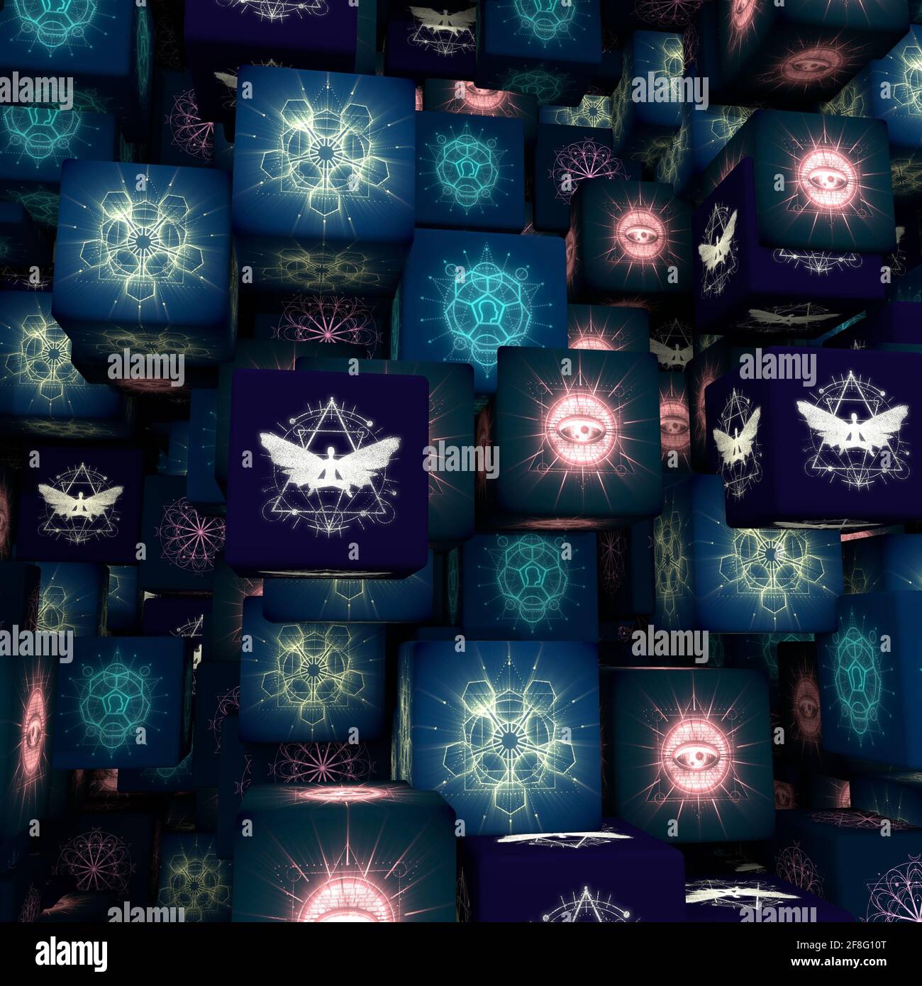 Mystical geometry shining symbols flying cubes. Linear alchemy, occult ...