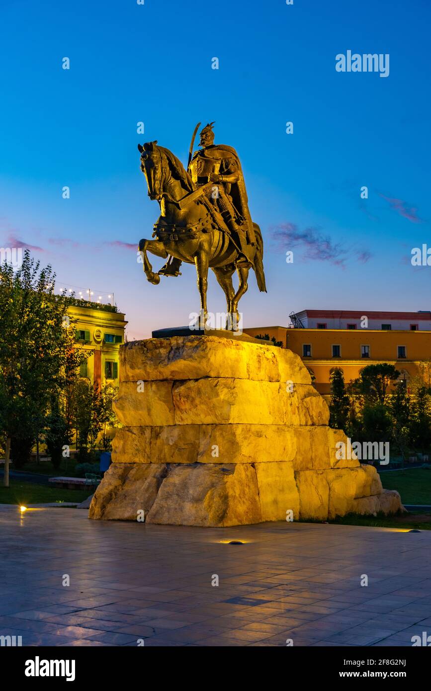 Sunrise view of Skanderbeg statue at Tirana, Albania Stock Photo - Alamy
