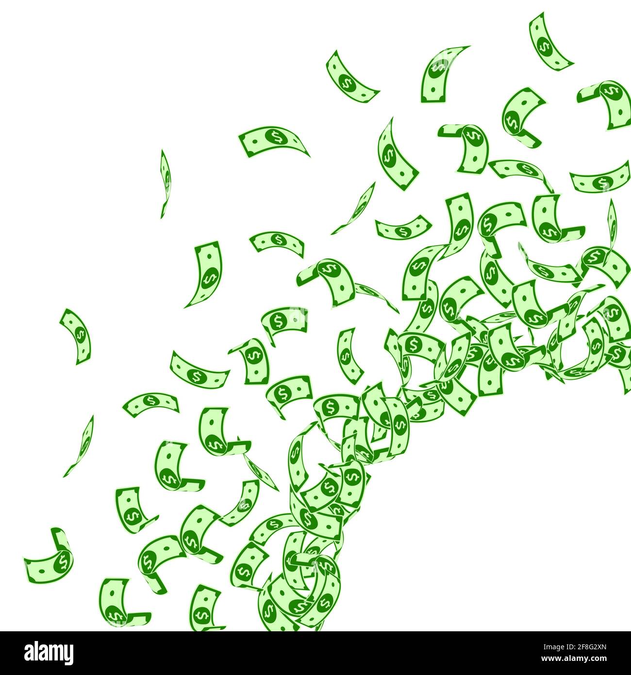 American dollar notes falling. Small USD bills on white background. USA ...
