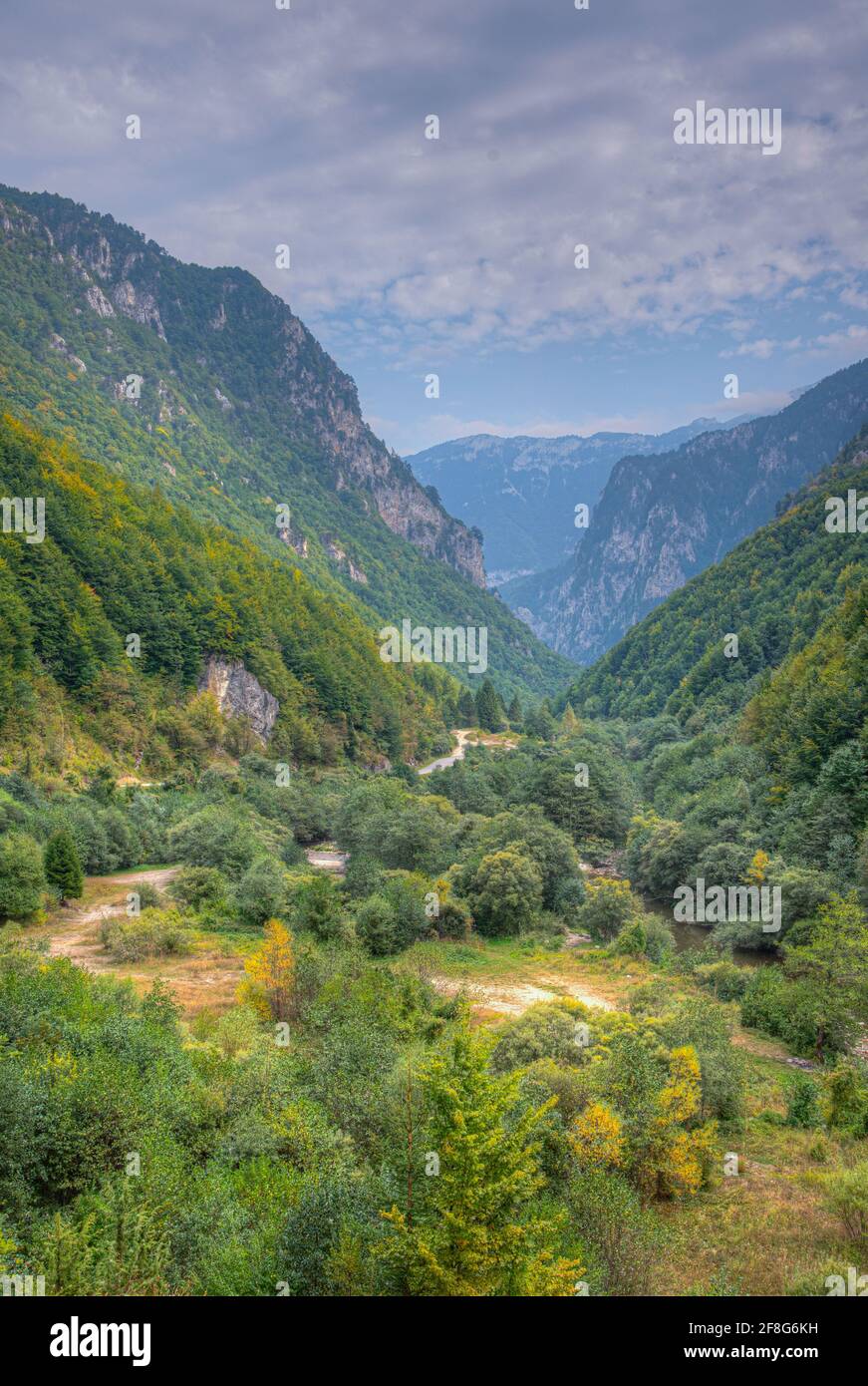 Bistrica River flowing through valley of Rugova mountains in Kosovo ...