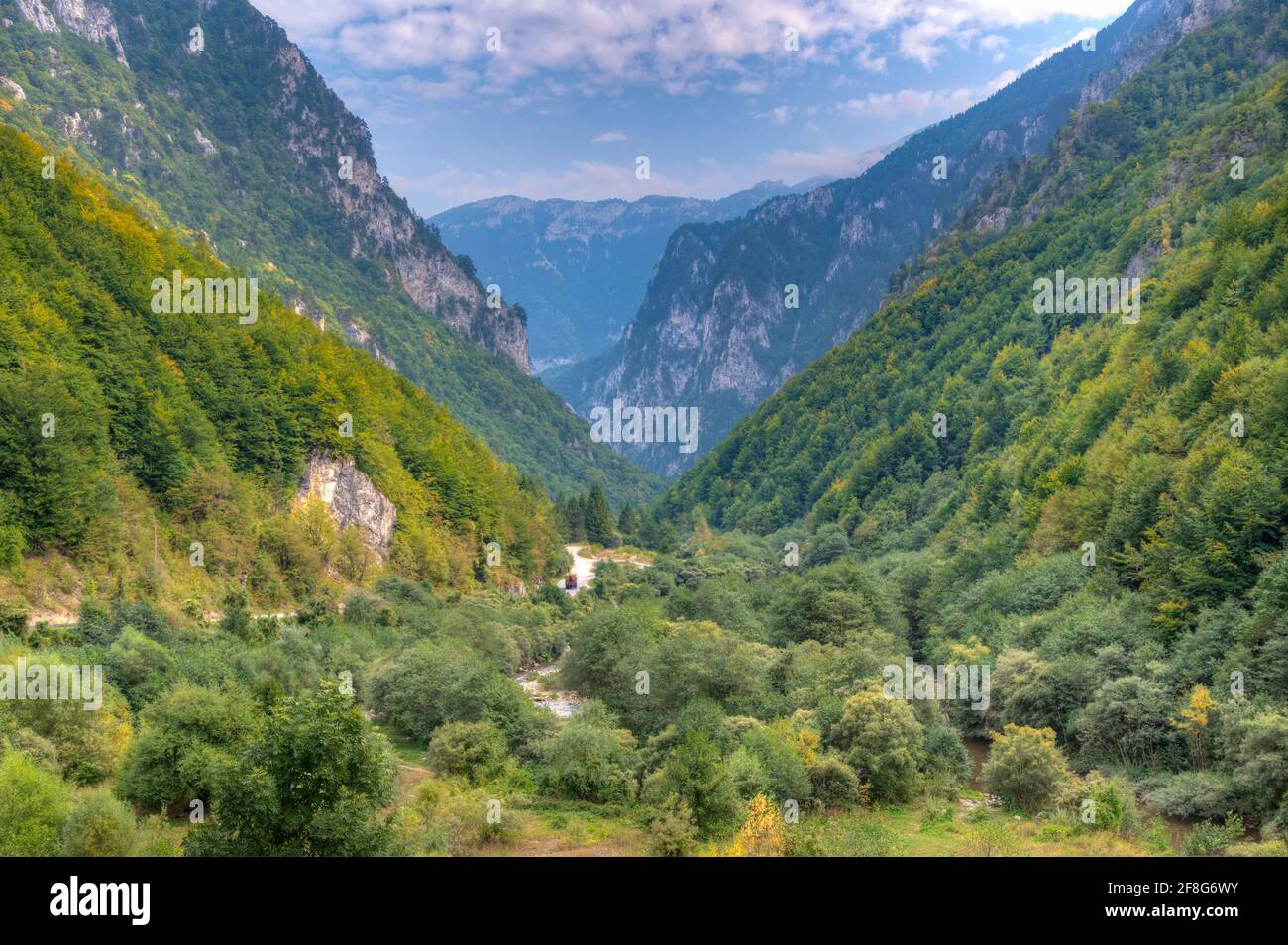 Bistrica River flowing through valley of Rugova mountains in Kosovo ...
