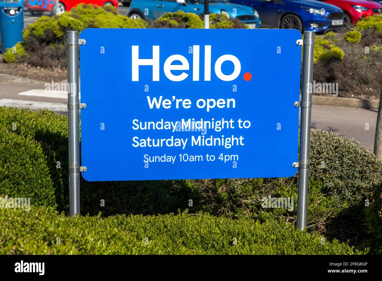 Hello sign with opening hours at Tesco superstore shop, Martlesham ...