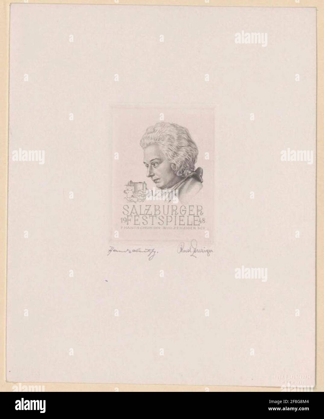 Mozart, Wolfgang Amadeus head with contour of the solid Hohensalzburg ...