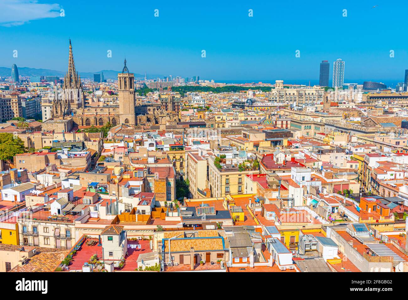 Aerial view of the old town Barcelona with tower of the cathedral ...