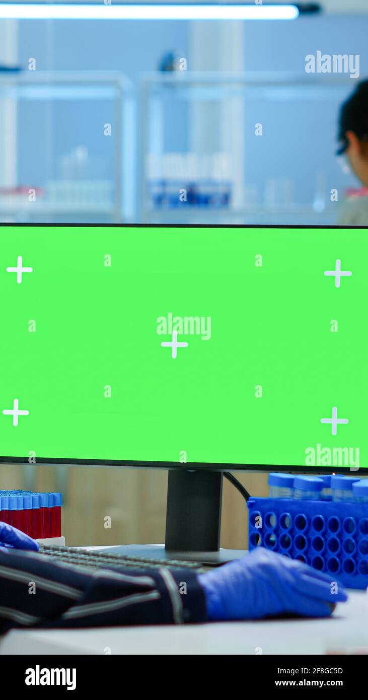 Woman Researcher Typing At Computer With Green Screen Mockup Display Template In Applied