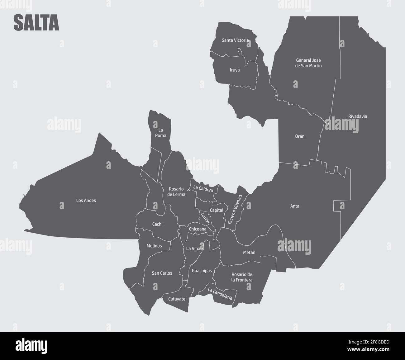 The Salta province isolated map divided in departments with labels ...
