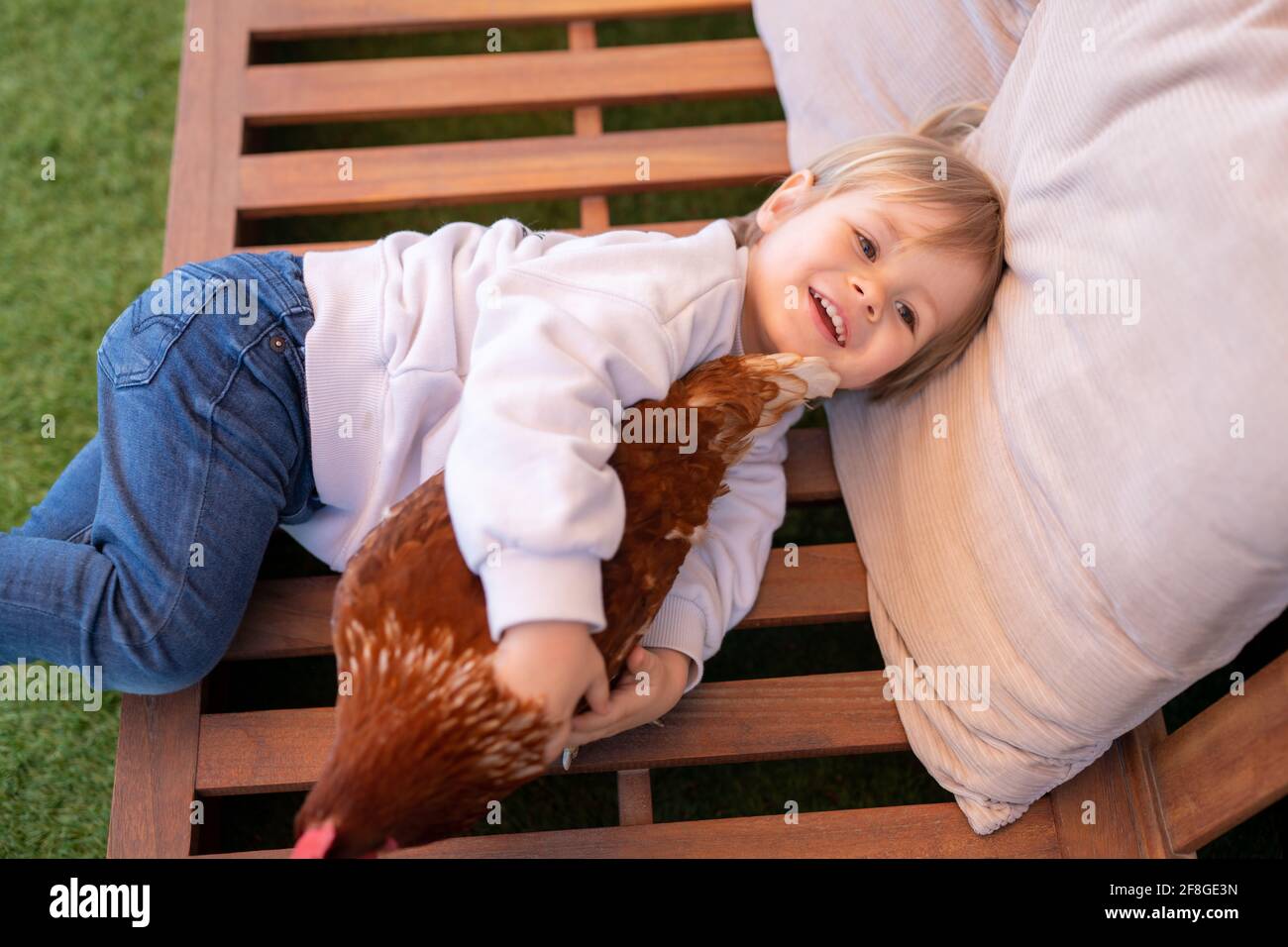 Little boy is playing with a hen in the garden at home Stock Photo - Alamy