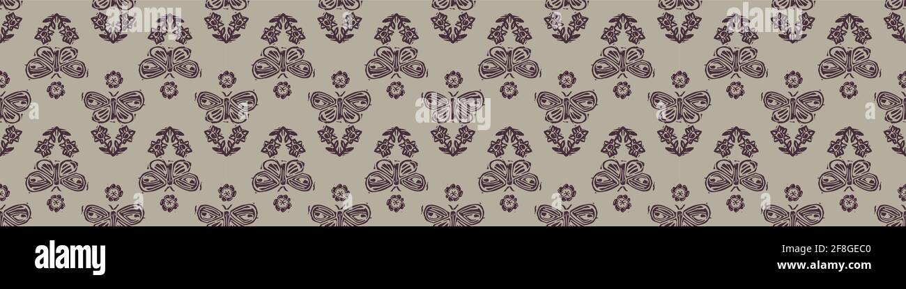 Hand carved butterfly block print seamless border pattern. Rustic naive ...