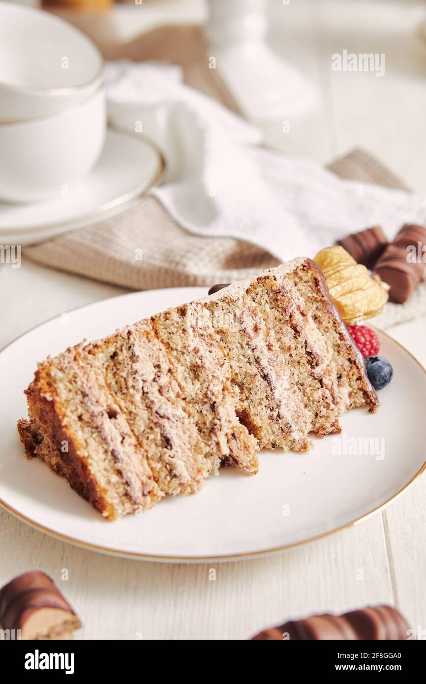 Vertical shot of a yummy slice of chocolate cake with berries and dry ...
