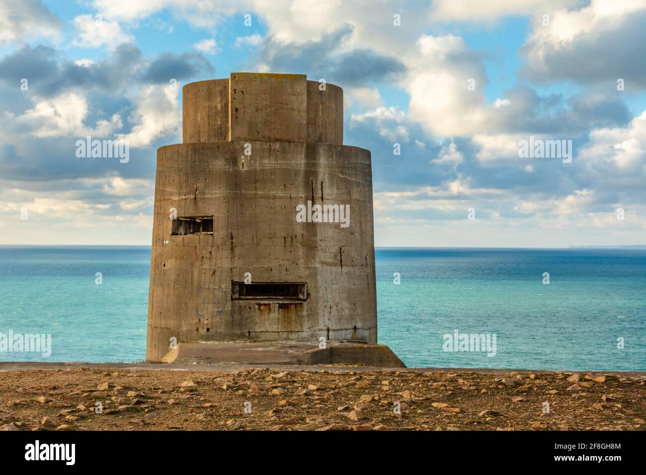 WWII concrete nazi naval tower on the seashore, Saint Quen, bailiwick ...