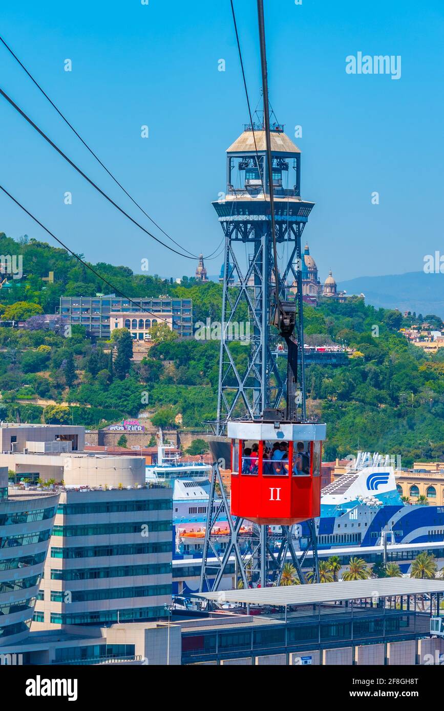 Cable car connecting Barceloneta beach and Montjuic castle in Barcelona ...