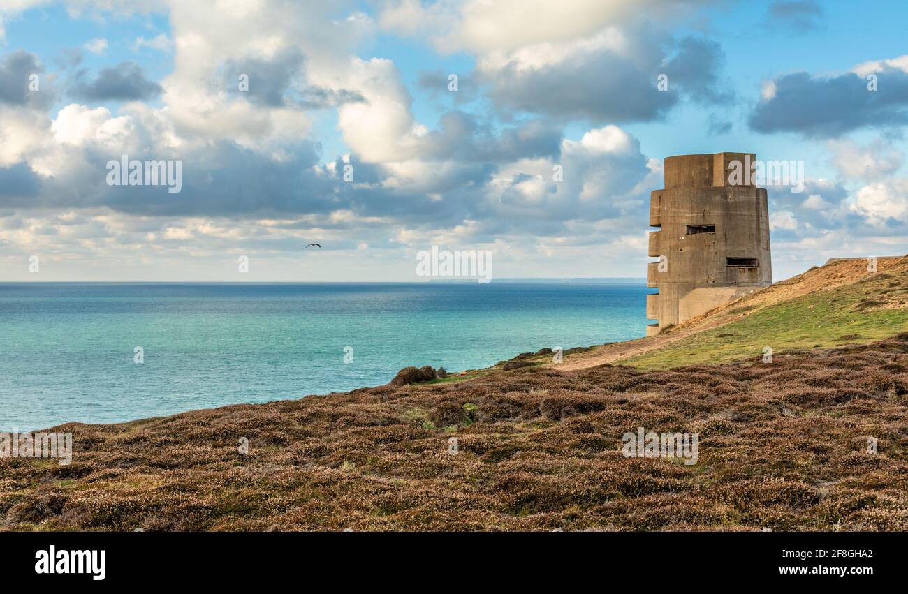 WWII concrete nazi naval tower on the seashore, Saint Quen, bailiwick ...