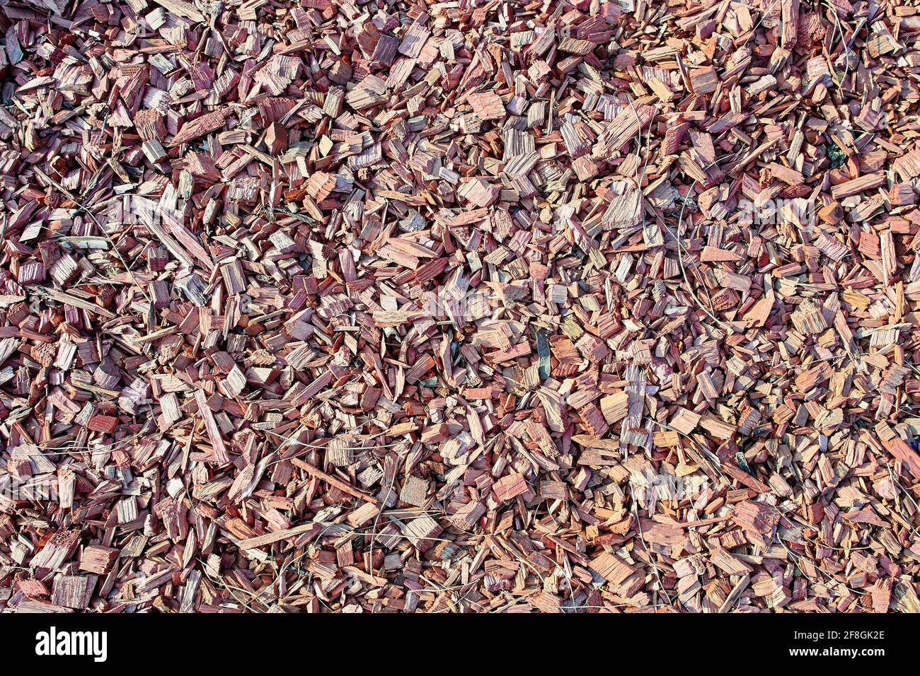 Decorative dumping from wood chips for landscaping, pink shavings on ...