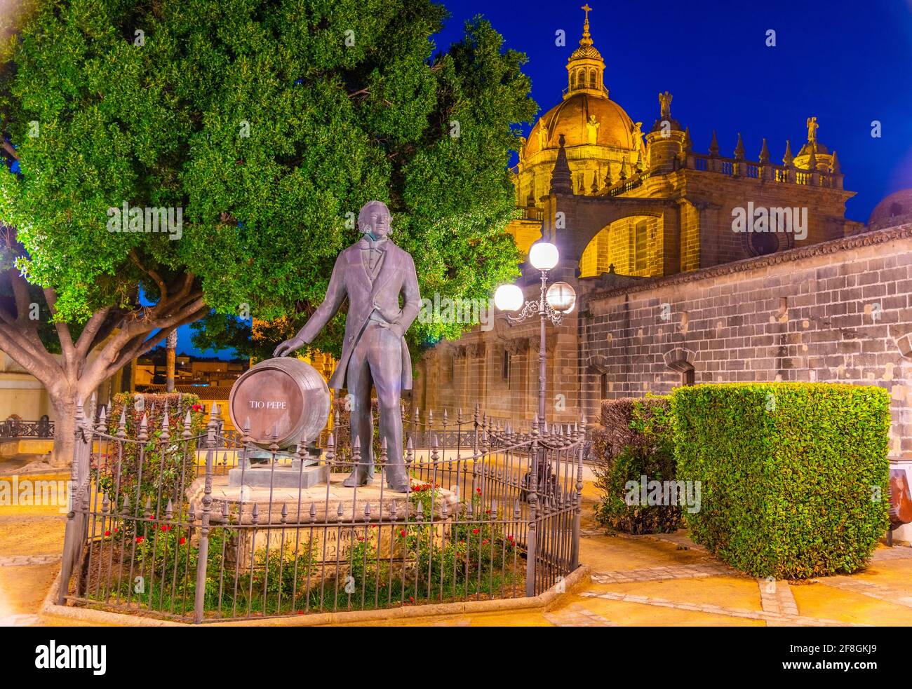 Statue of Tio Pepe in front of the cathedral of holy saviour in Jerez ...