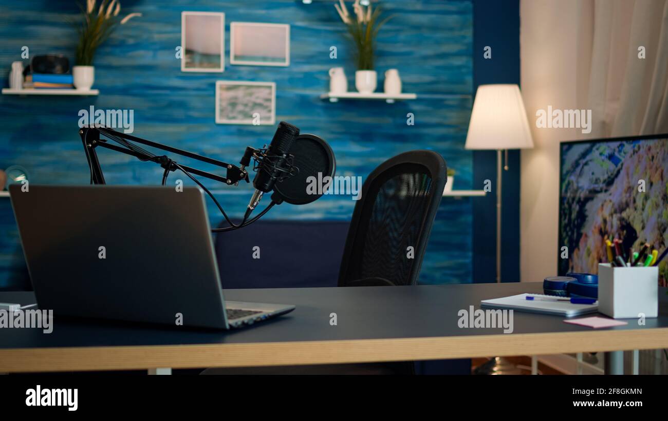 Empty podcast room with professional microphone in vlogger home studio ...