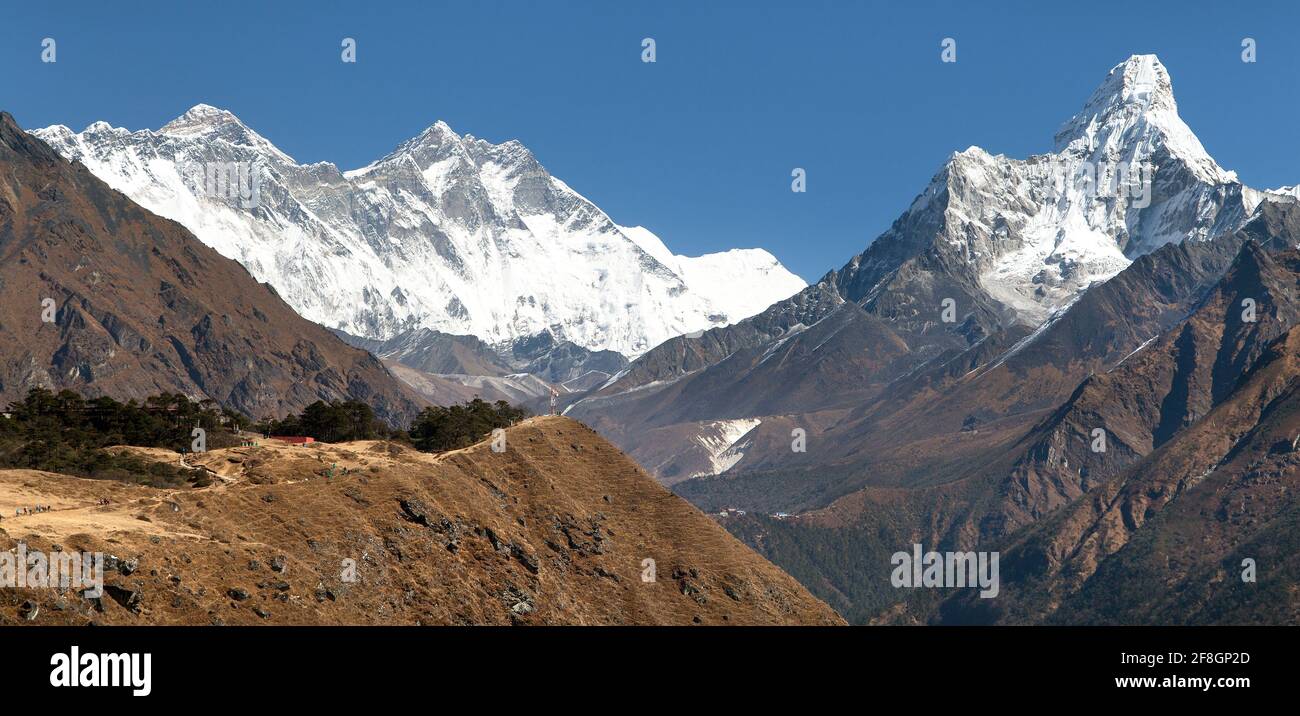 Ama Dablam and Lhotse with stupa on the way to mount Everest base camp ...
