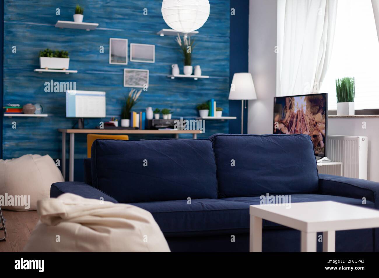 Empty modern living room with no people having wallcomfortable couch ...