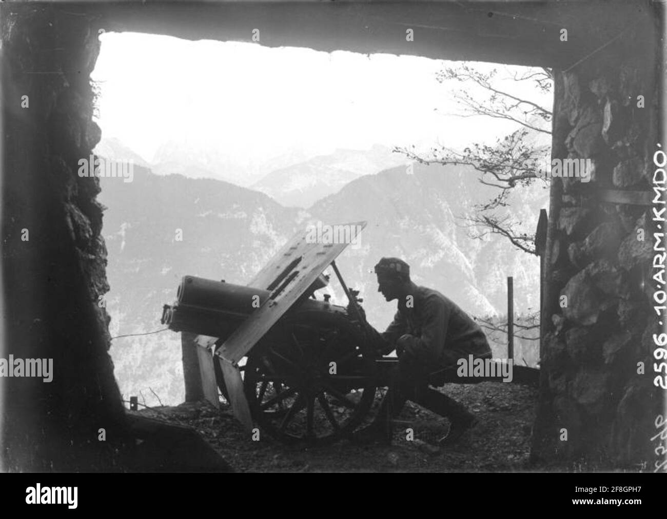 Artillery position Artillery howitzer 2/3 in front of a cavern still ...