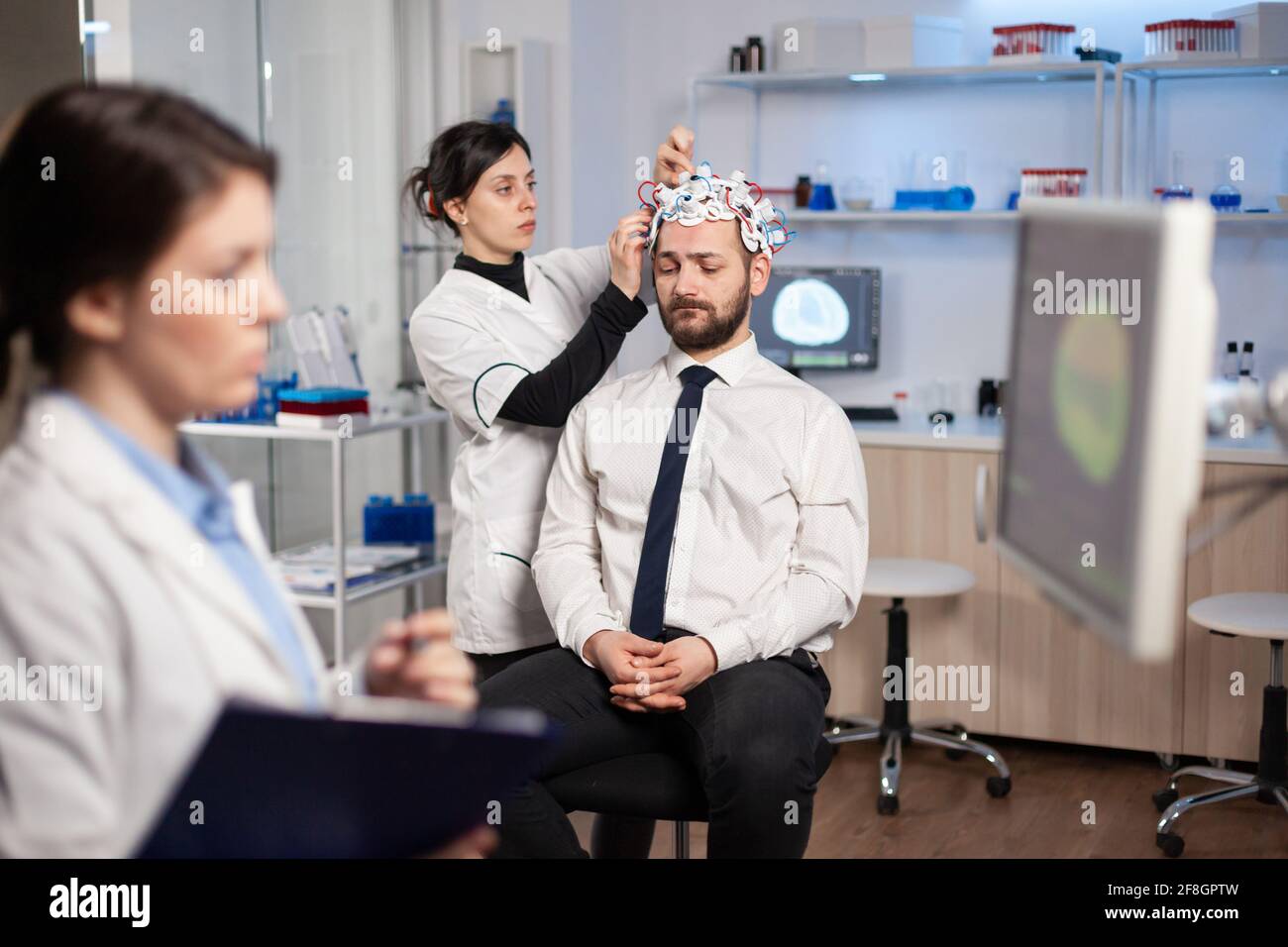 Man patient visiting professional medical researcher in neurology ...