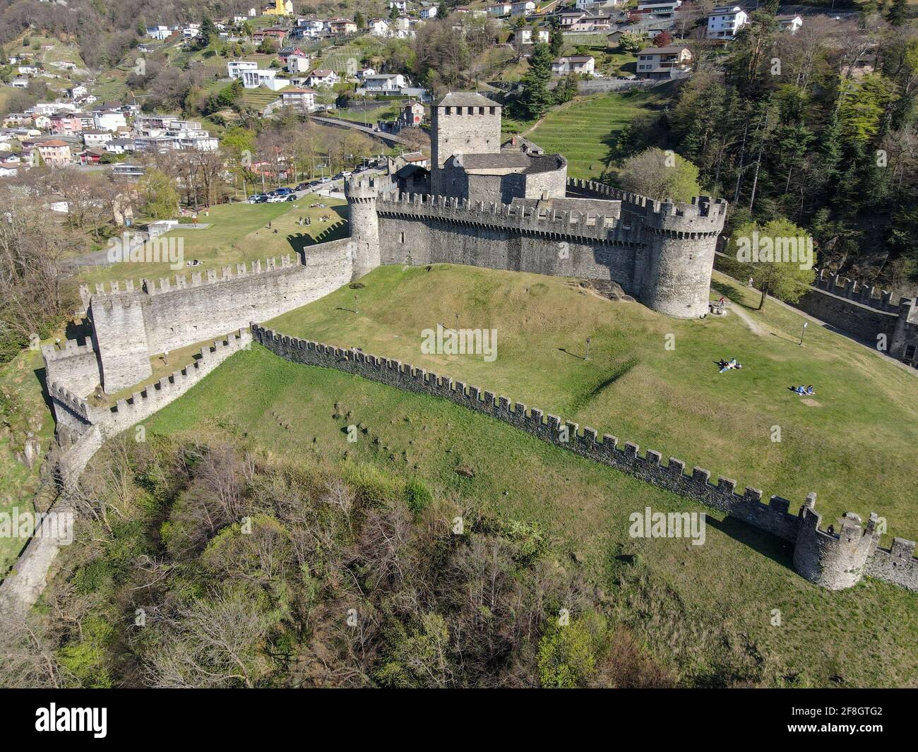 Aerial view at Montebello castle at Bellinzona on the Swiss alps ...