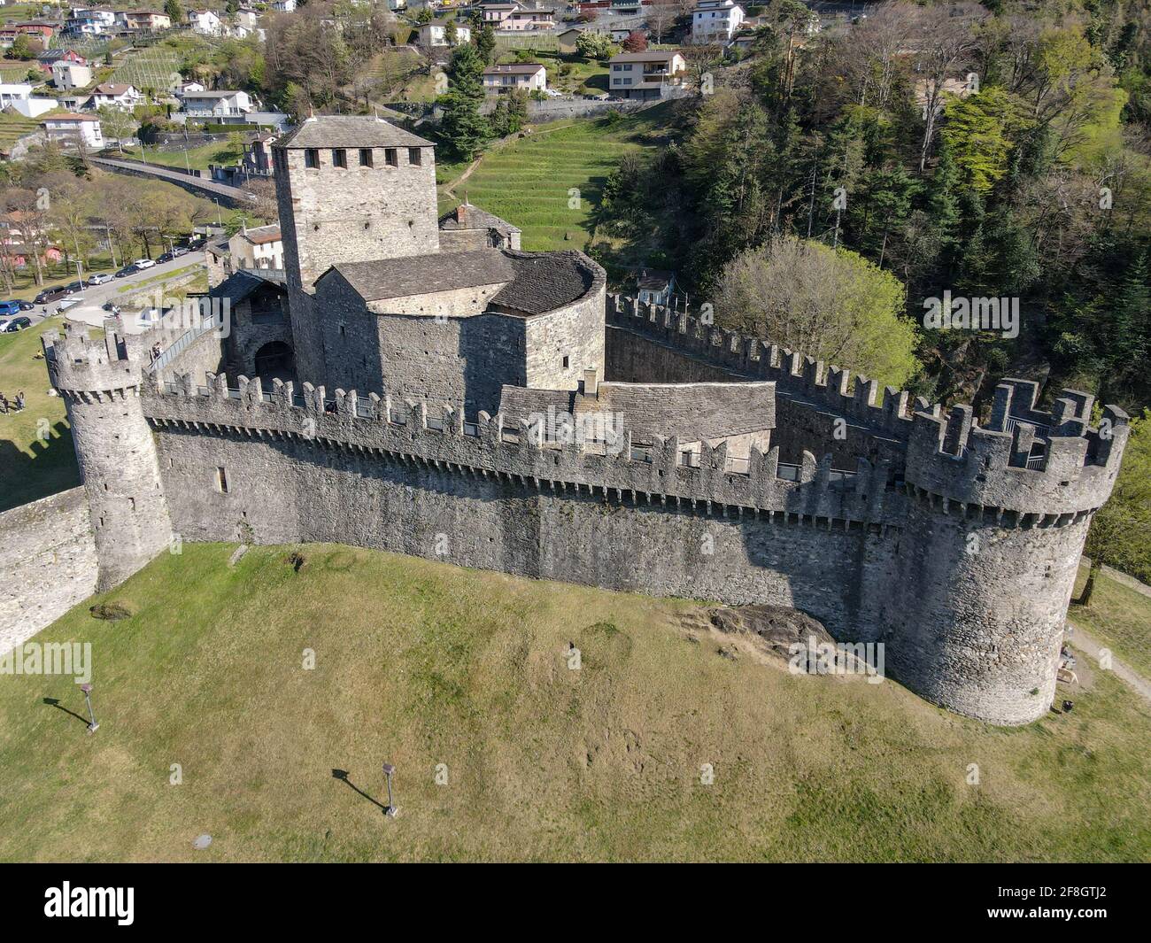 Aerial view at Montebello castle at Bellinzona on the Swiss alps ...