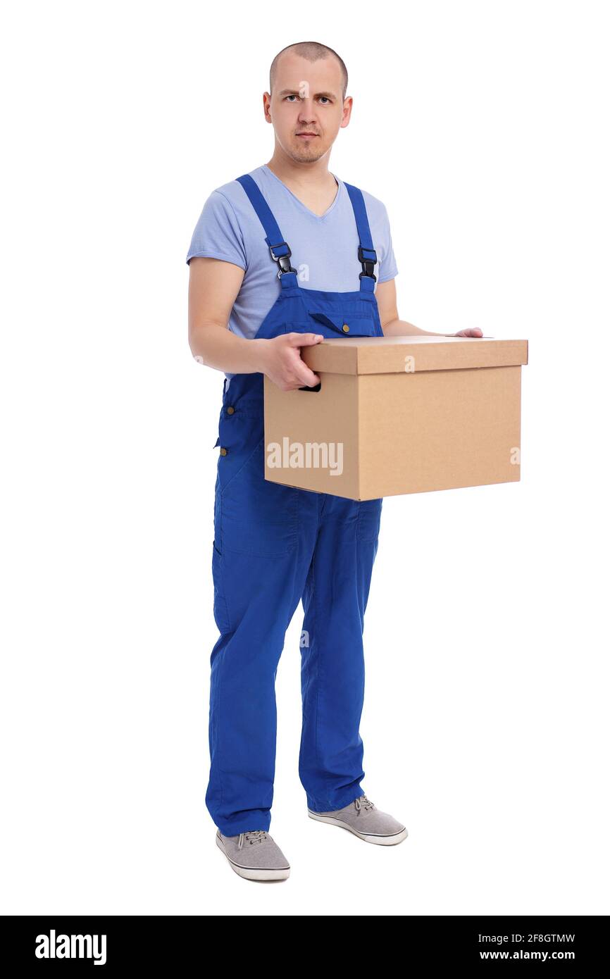 young handsome man loader in uniform with big box isolated on white ...