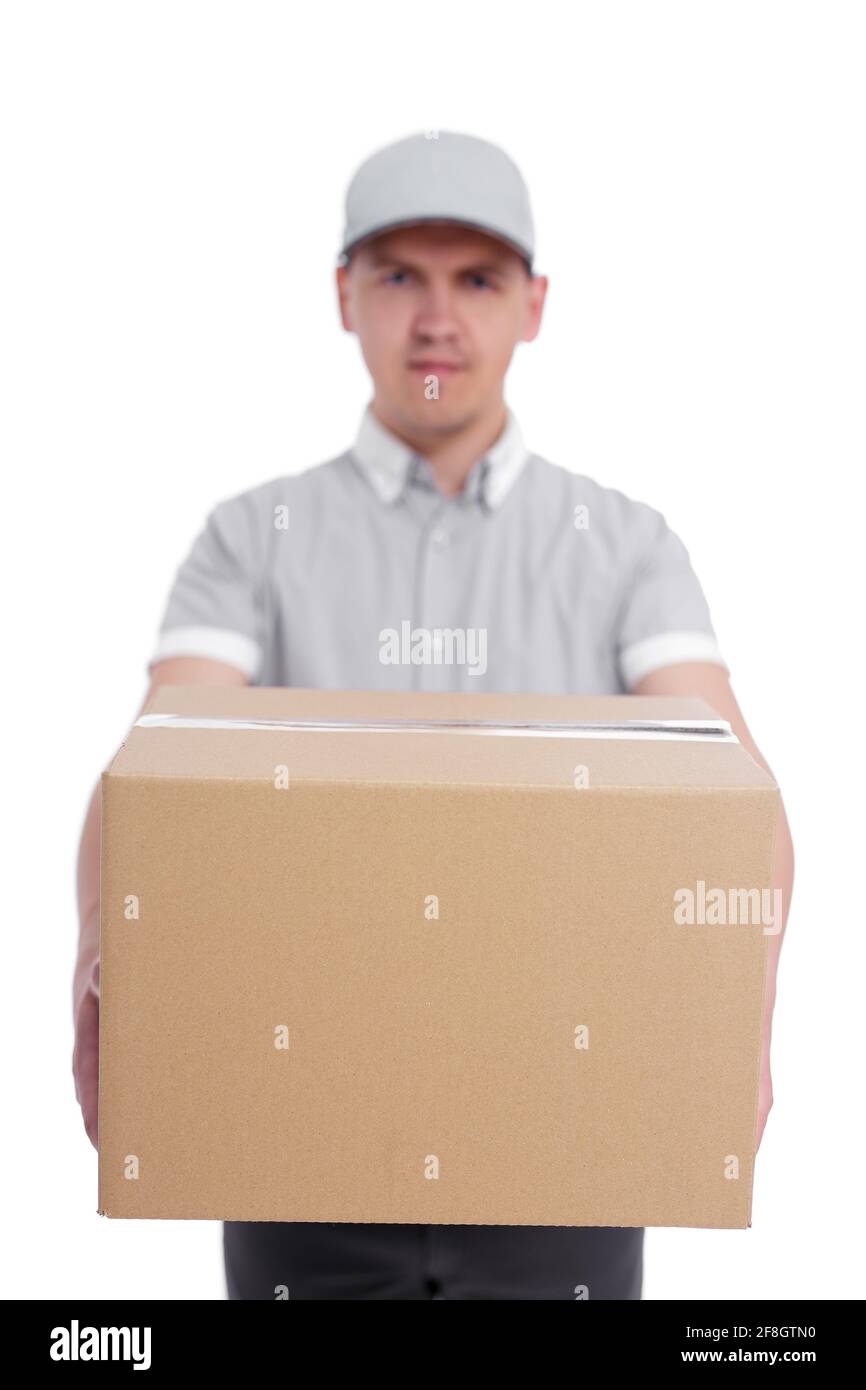 Deliverer giving a box isolated on white background Stock Photo - Alamy