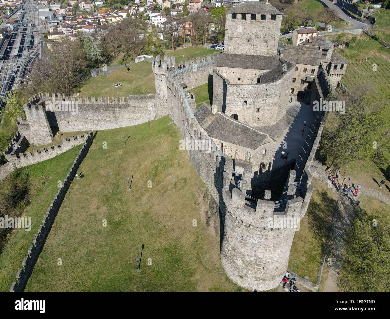 Aerial view at Montebello castle at Bellinzona on the Swiss alps ...