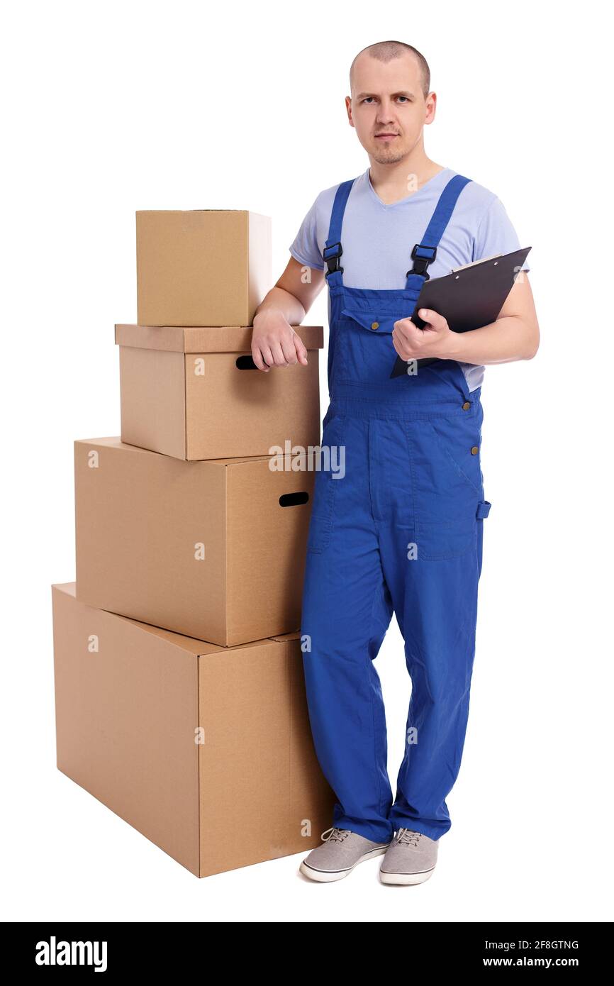 full length portrait of loader man with heap of boxes and clipboard ...