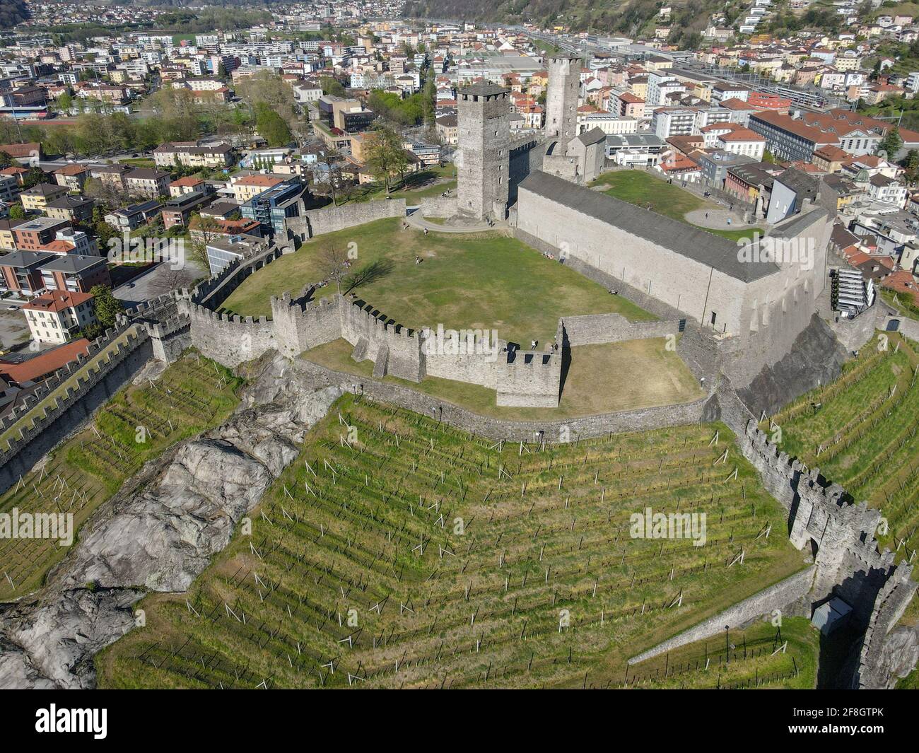 Aerial view at Castelgrande castle at Bellinzona on the Swiss alps ...