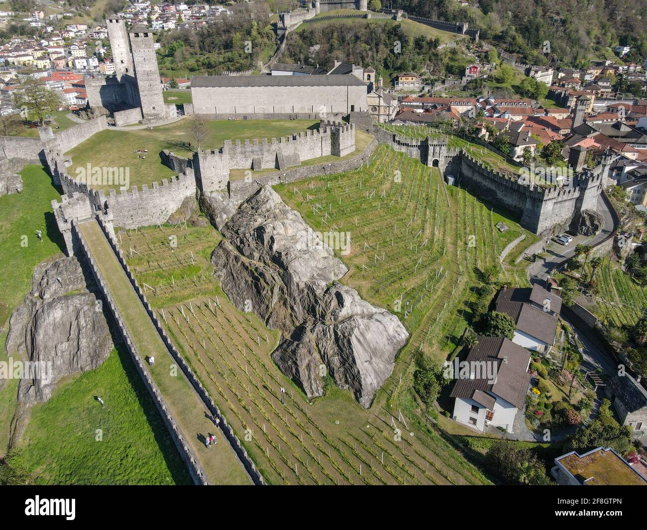 Aerial view at Castelgrande castle at Bellinzona on the Swiss alps ...