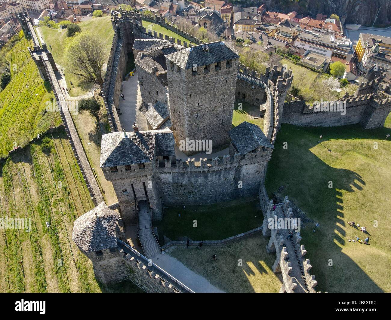 Aerial view at Montebello castle at Bellinzona on the Swiss alps ...