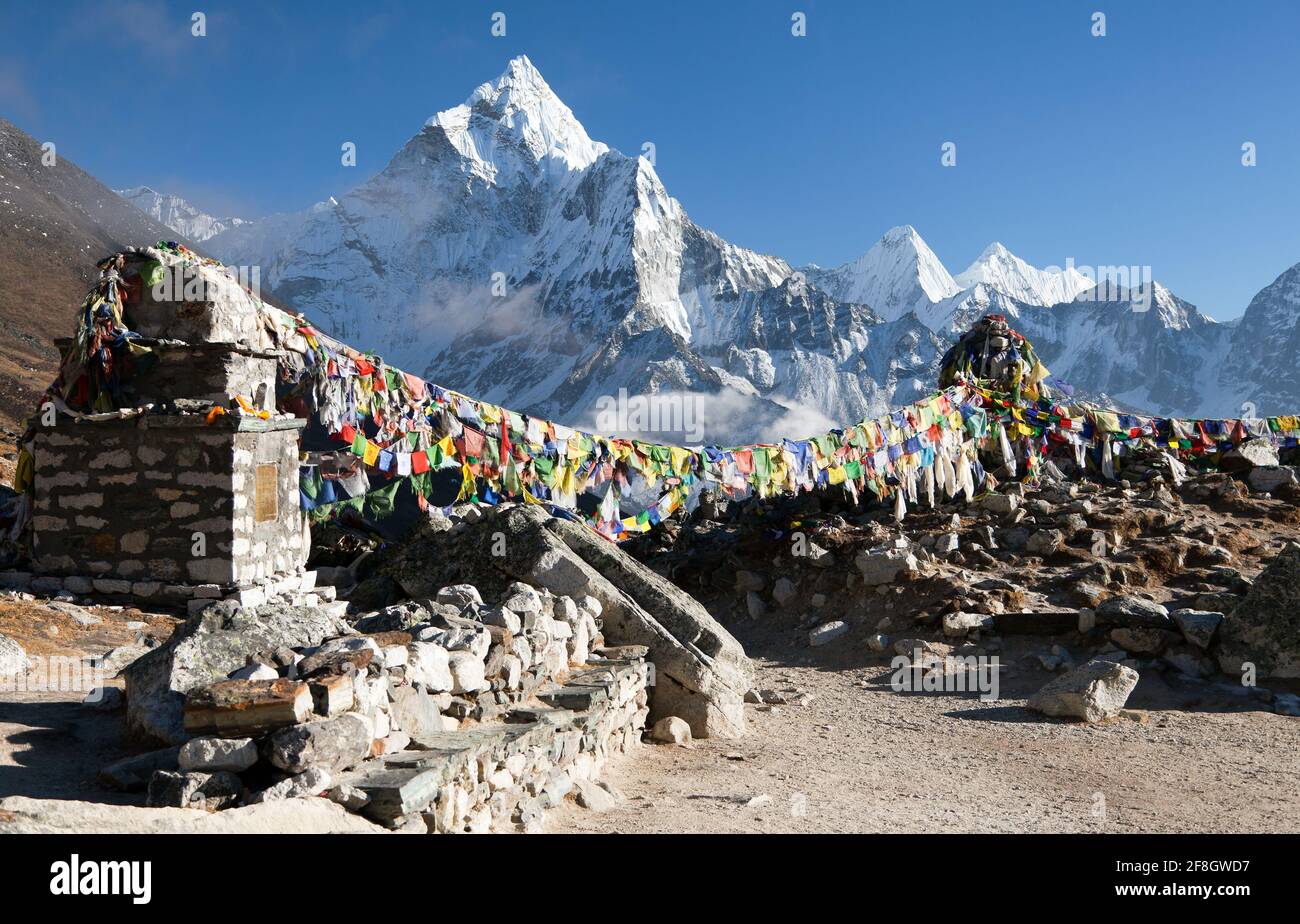 Prayer flags and mount Ama Dablam, beautiful view from Khumbu valley ...
