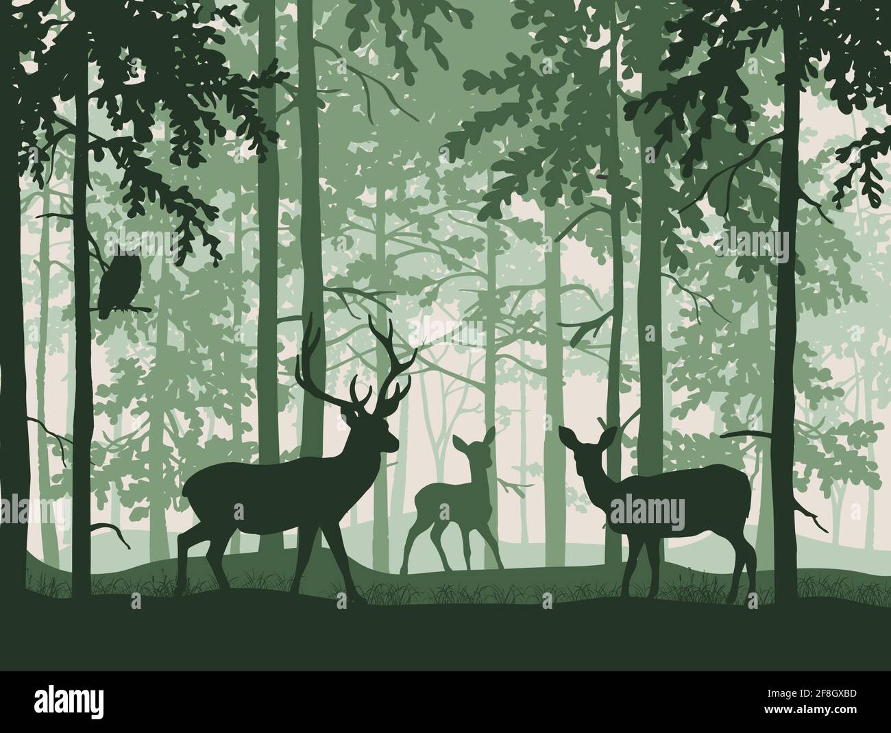 Deer with doe and fawn in magic misty forest. Owl on branch ...