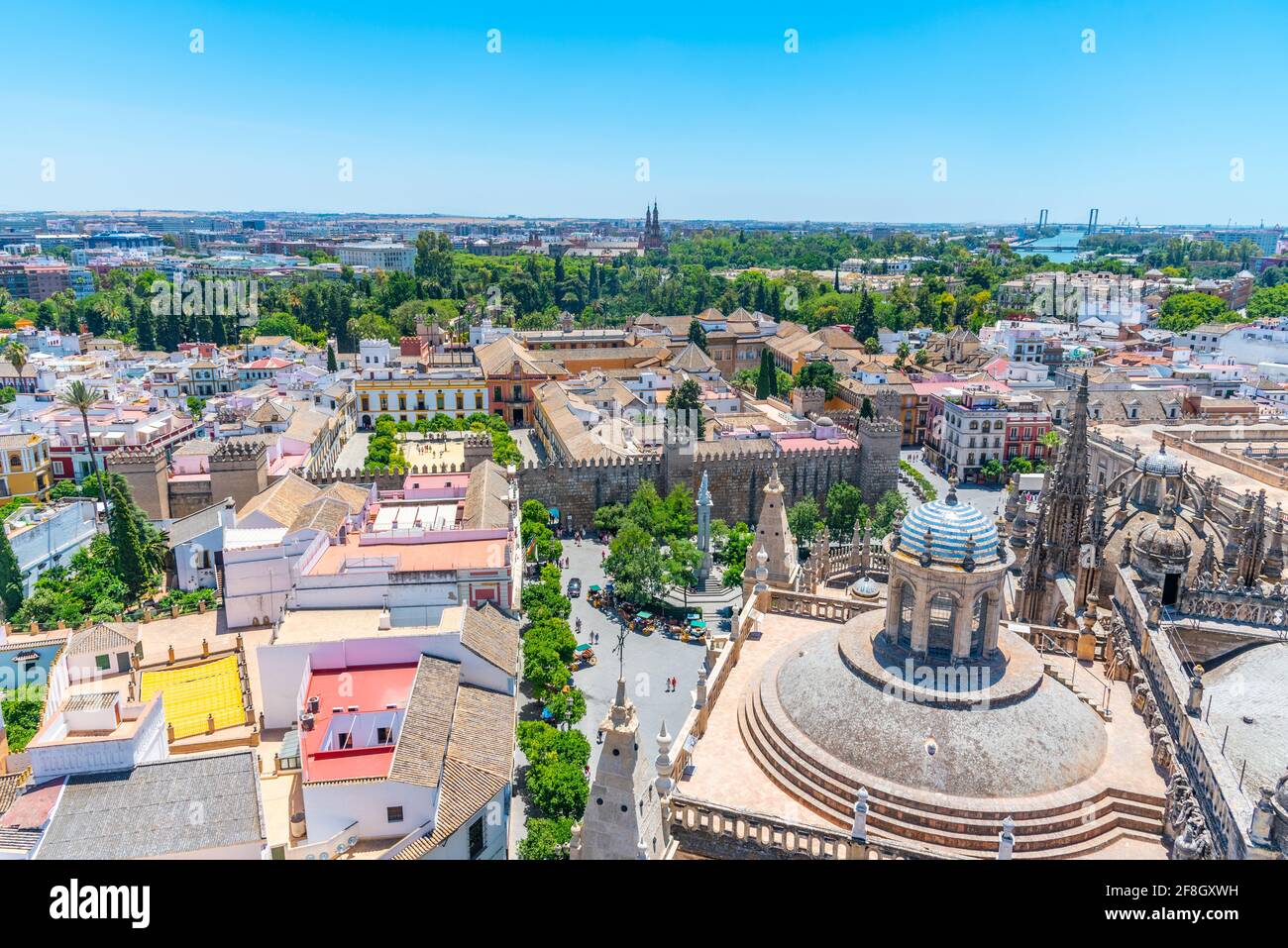 Aerial view of Sevilla from la giralda tower with Real Alcazar and ...