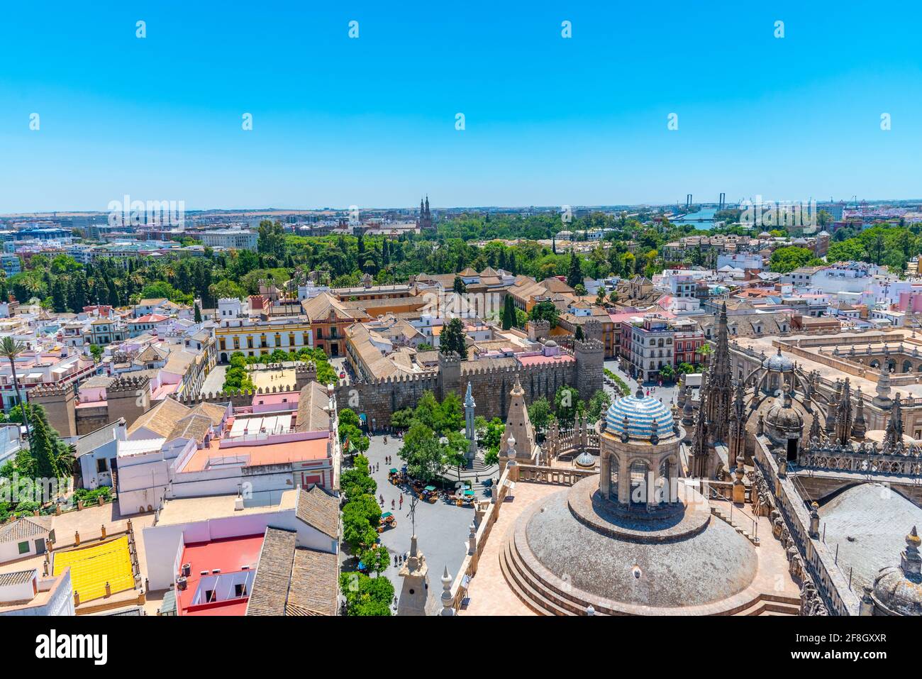 Aerial view of Sevilla from la giralda tower with Real Alcazar and ...