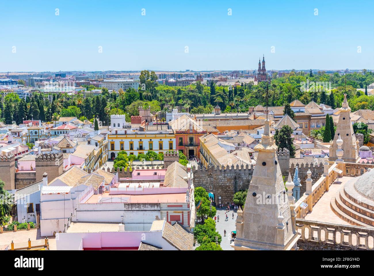 Aerial view of Sevilla from la giralda tower with Real Alcazar and ...
