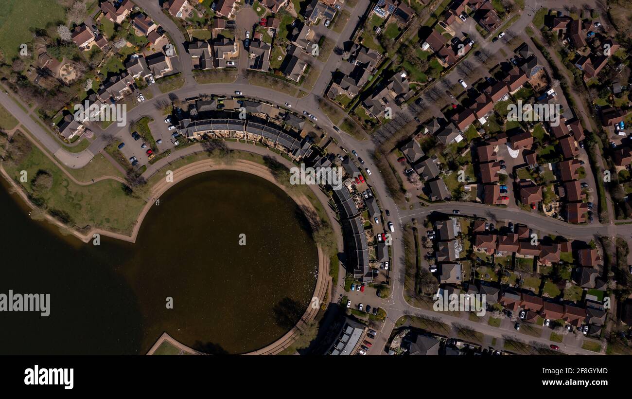 Aerial photo of the village of Caldecotte in Milton Keynes UK showing a ...