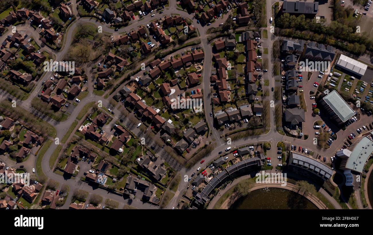 Aerial photo of the village of Caldecotte in Milton Keynes UK showing a ...