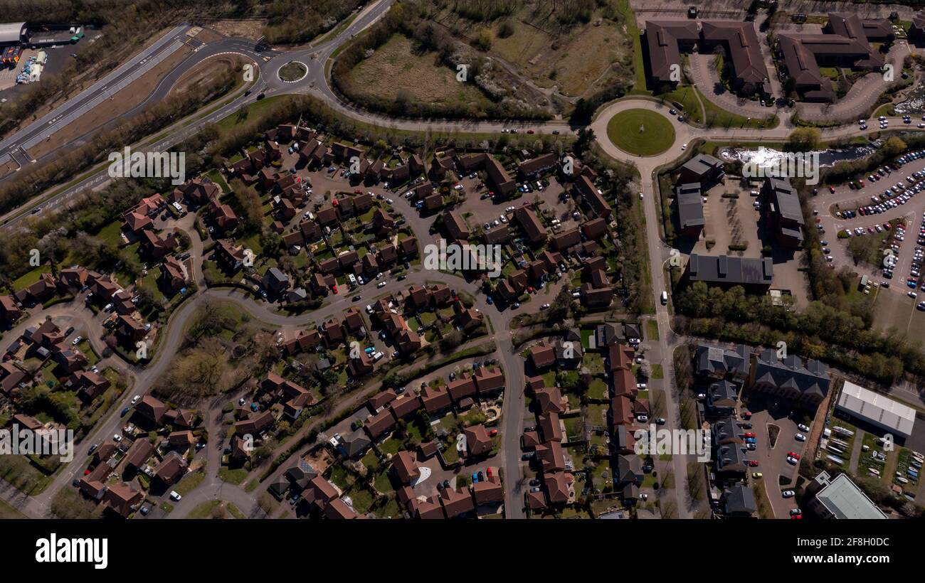 Aerial photo of the village of Caldecotte in Milton Keynes UK showing a ...