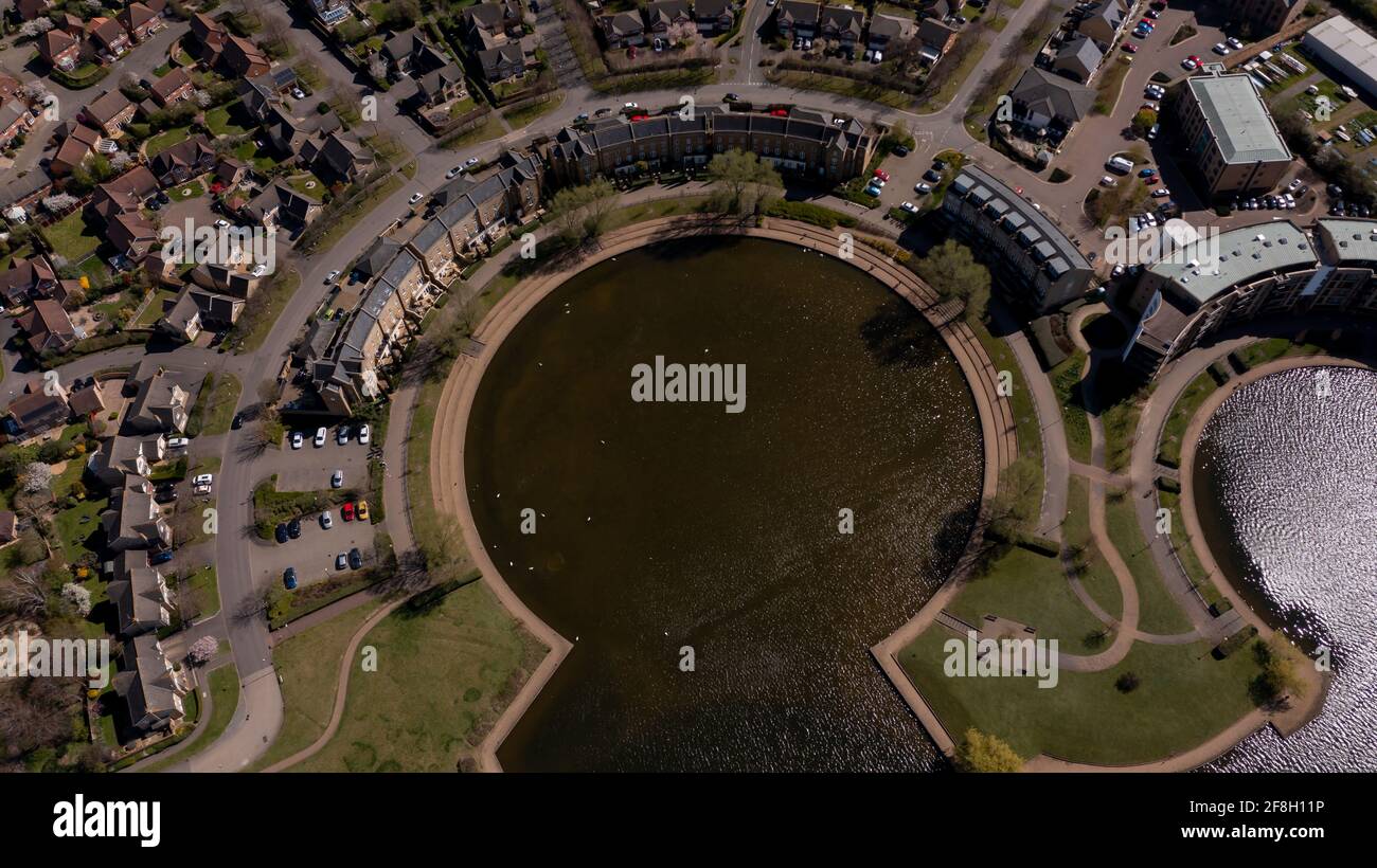 Aerial photo of the village of Caldecotte in Milton Keynes UK showing a ...