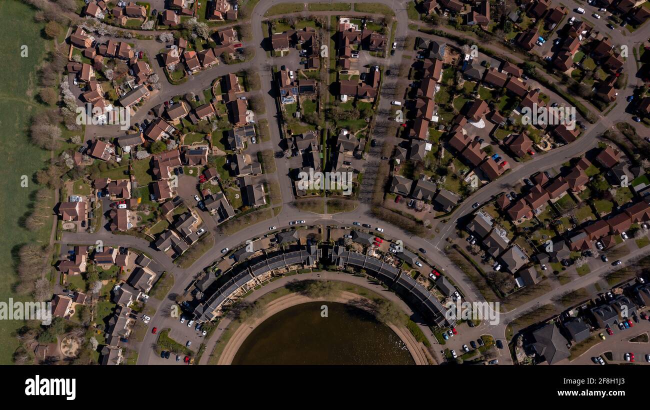 Aerial photo of the village of Caldecotte in Milton Keynes UK showing a ...
