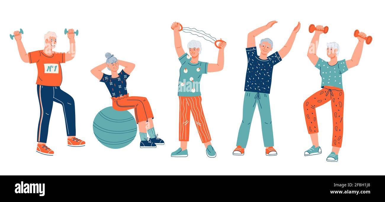 Elderly senior active people cartoon characters doing sport exercises ...