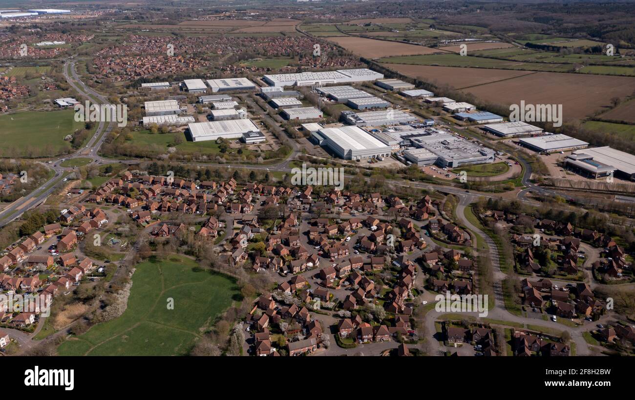 Aerial photo of the village of Caldecotte in Milton Keynes UK showing a ...