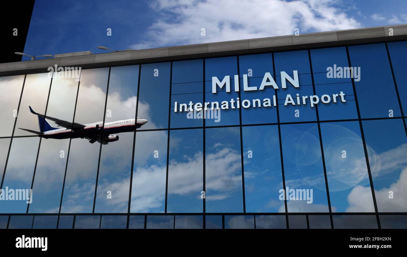 Jet aircraft landing at Milan, Italy 3D rendering illustration. Arrival ...