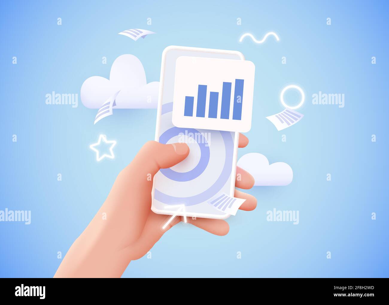 Hand holds mobile phone. Market trend analysis on smartphone with line ...