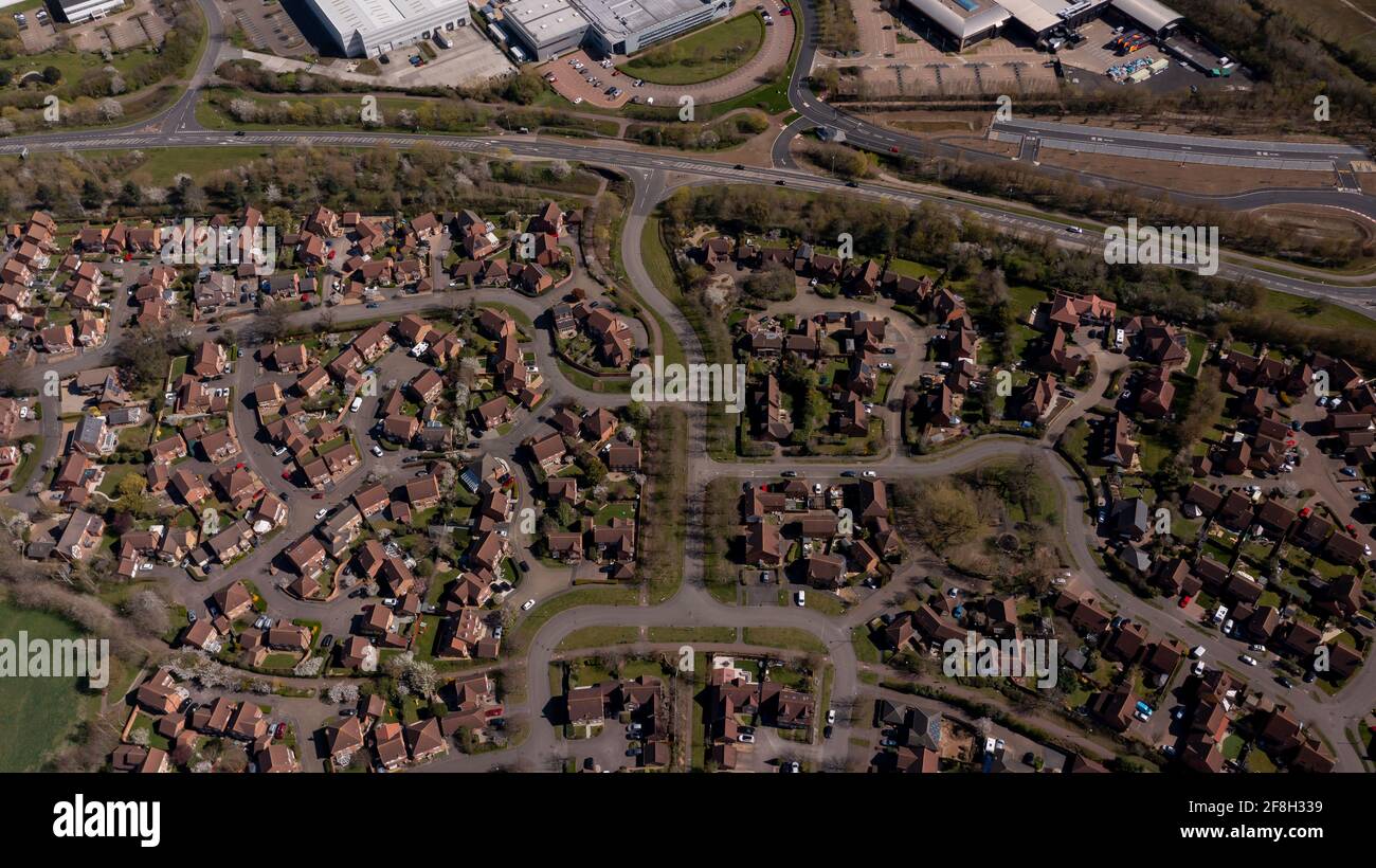 Aerial photo of the village of Caldecotte in Milton Keynes UK showing a ...