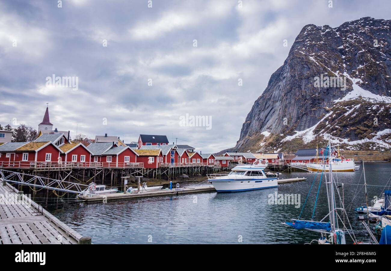 Typical red houses of Reine Fishing Village, Lofoten Islands, Norway ...
