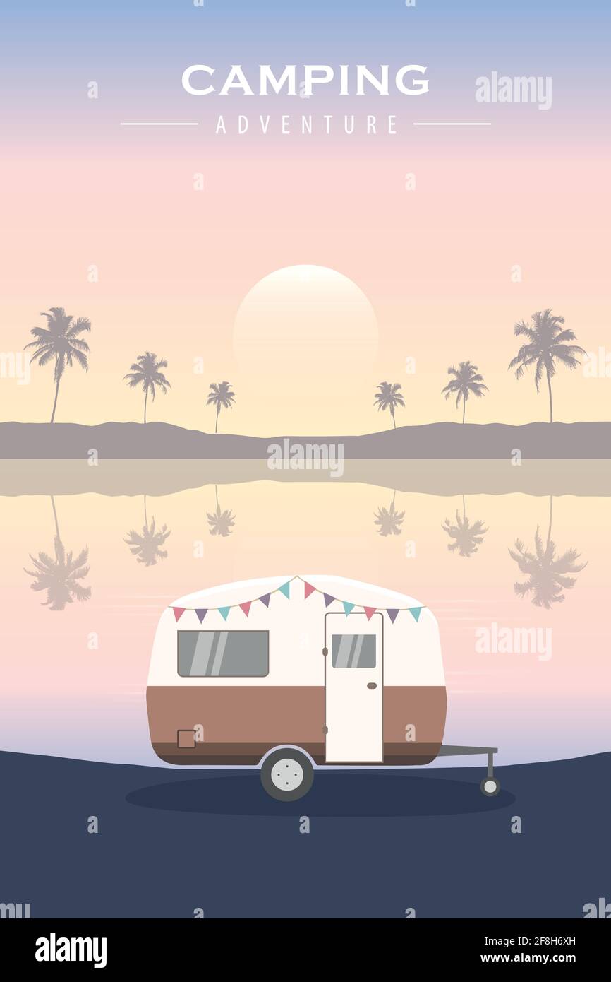 tropical camping adventure summer holiday with camper Stock Vector ...