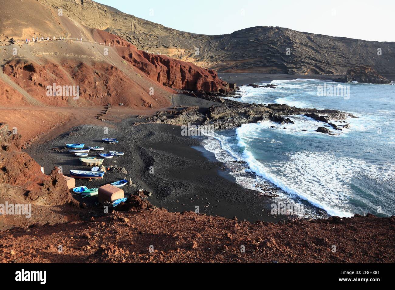 Black beach in the bay of El Golfo, in the southwest of Lanzarote ...